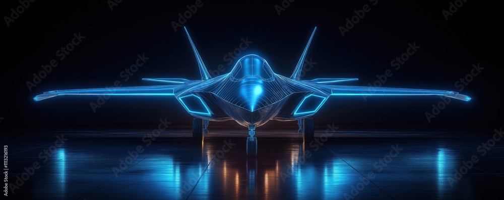 Futuristic jet aircraft on dark hangar floor. Military aviation tech ...