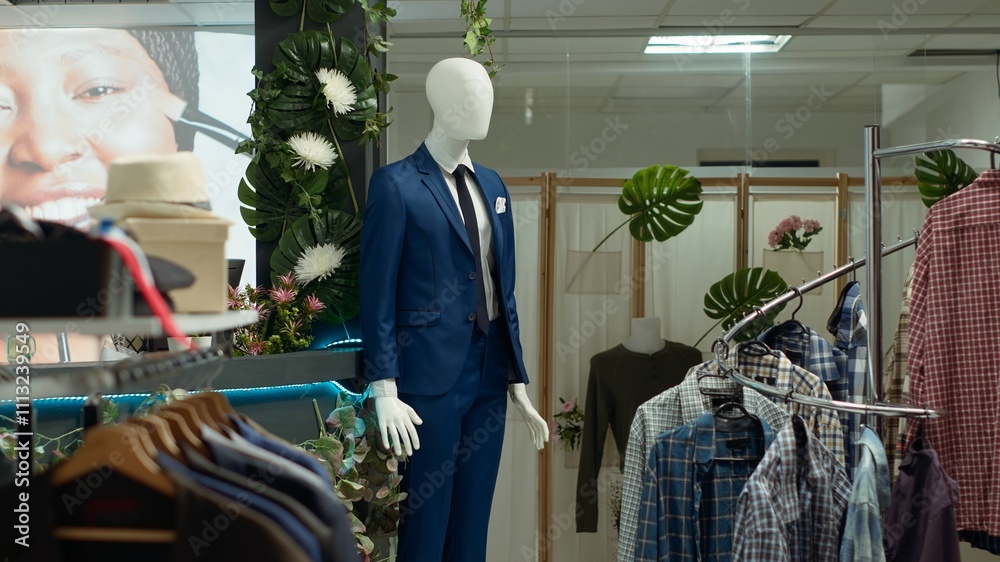 Well organized elegant clothing items placed on display at a mall ...