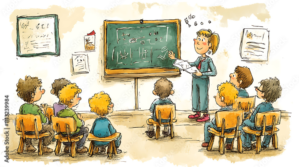 Clip art featuring a classroom with a blackboard, where a teacher is ...
