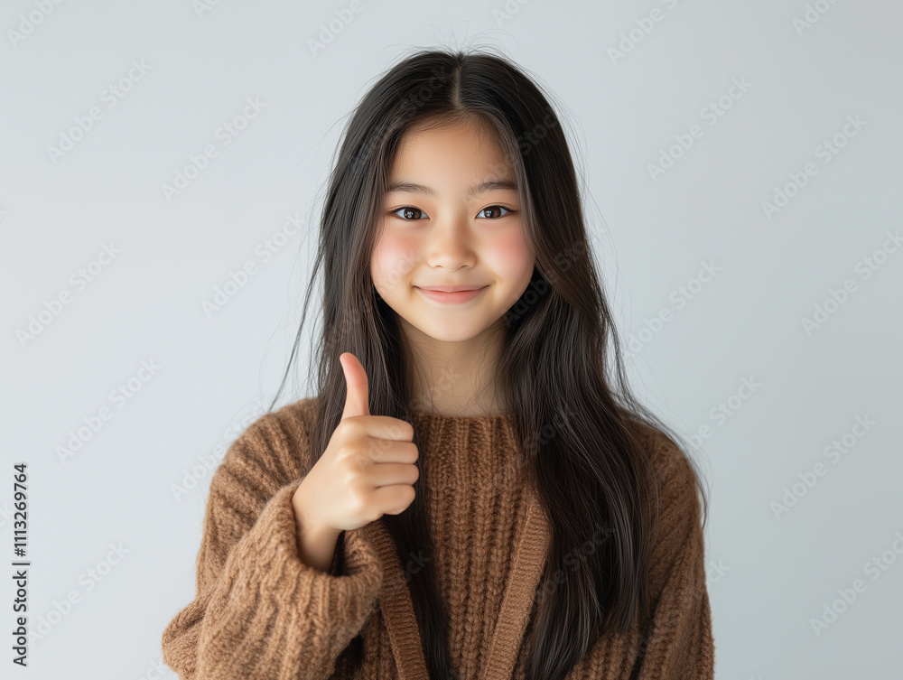 12 years old asian girl shows a thumbs up, approving pose, smiling ...