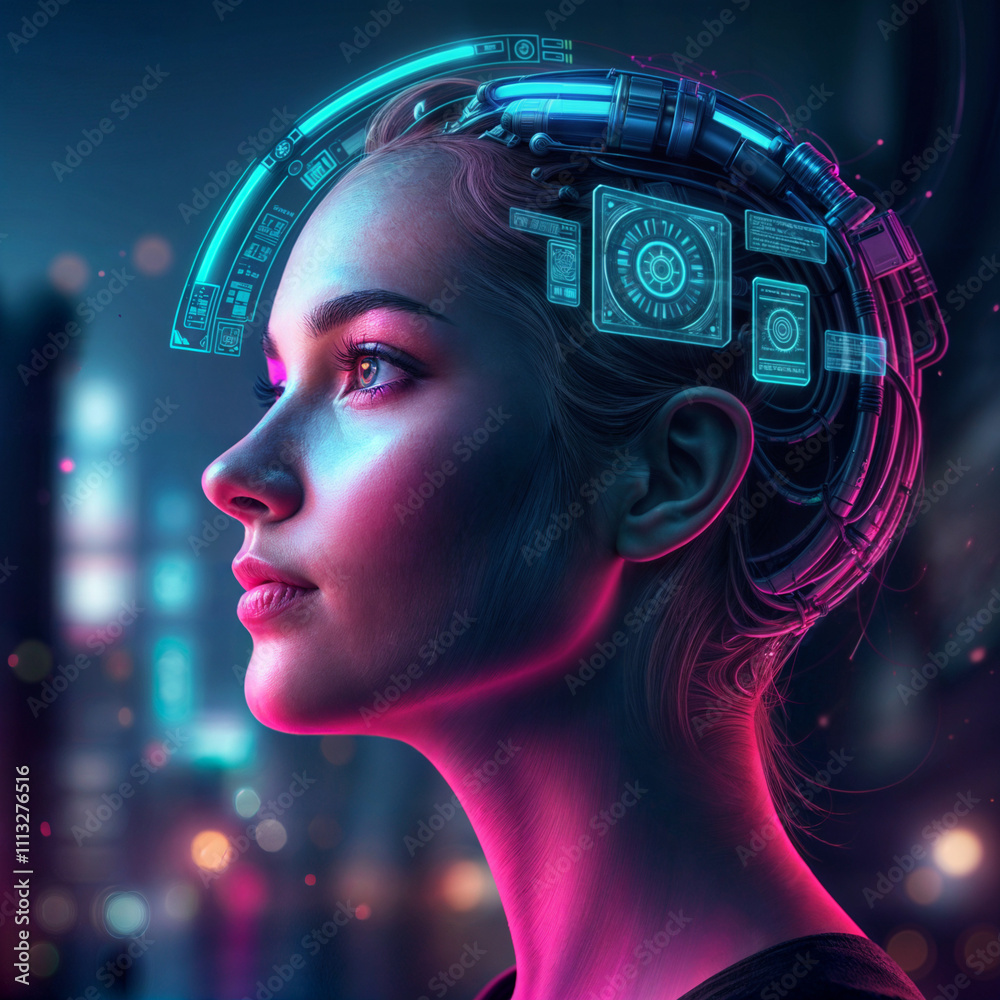 Cyberpunk woman in a futuristic city. Connection between human and neural networks concept ...
