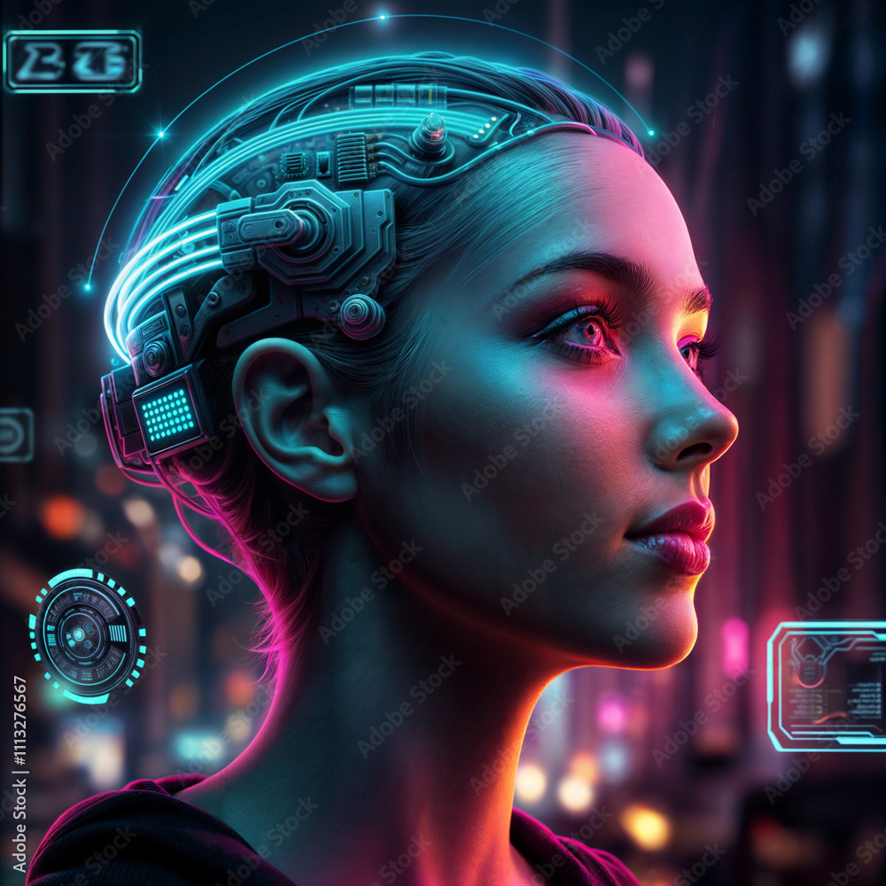 Cyberpunk woman in a futuristic city. Connection between human and neural networks concept ...