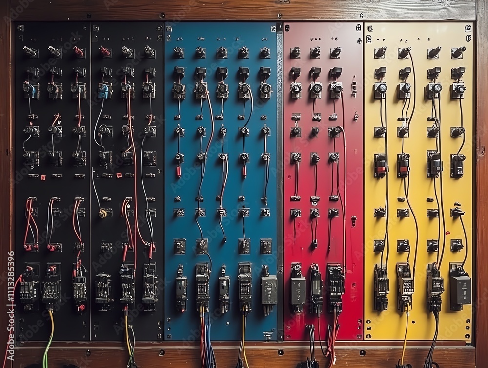 Power distribution panel with multicolored wires close up, controlled ...