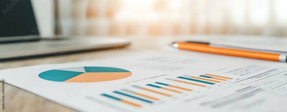 Pie chart overlay on business plan documents, modern office background ...