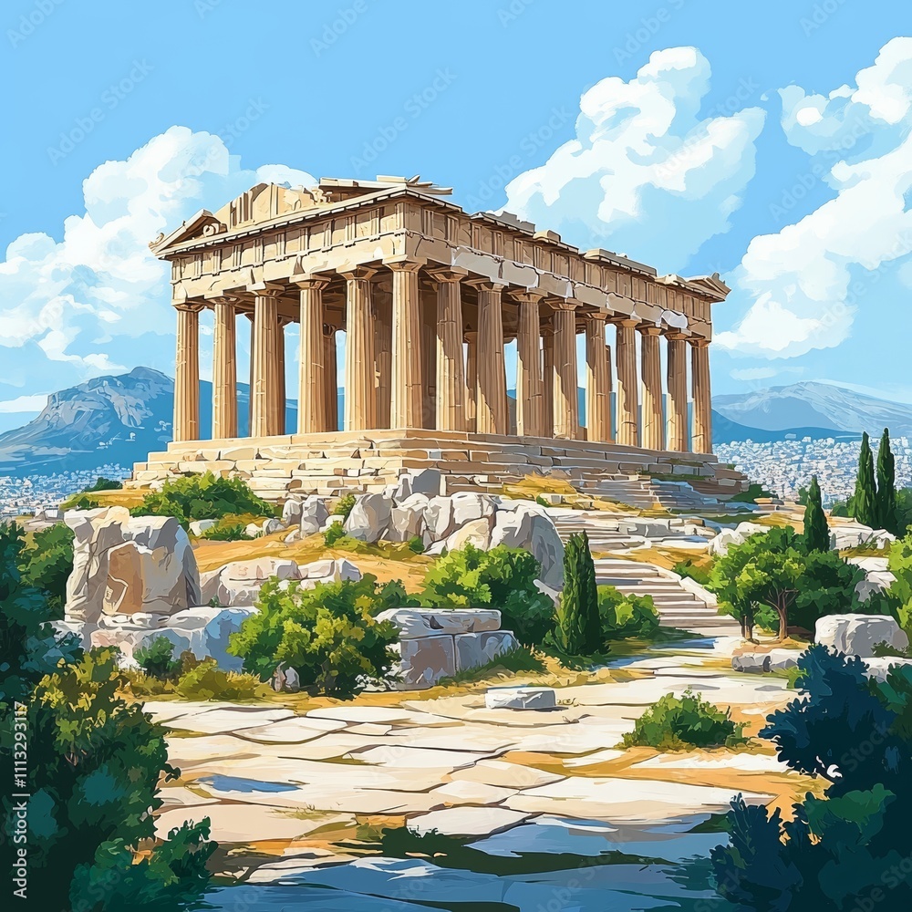 Ancient Parthenon at Acropolis in Athens, Greece - Vibrant Digital Illustration of Temple with ...