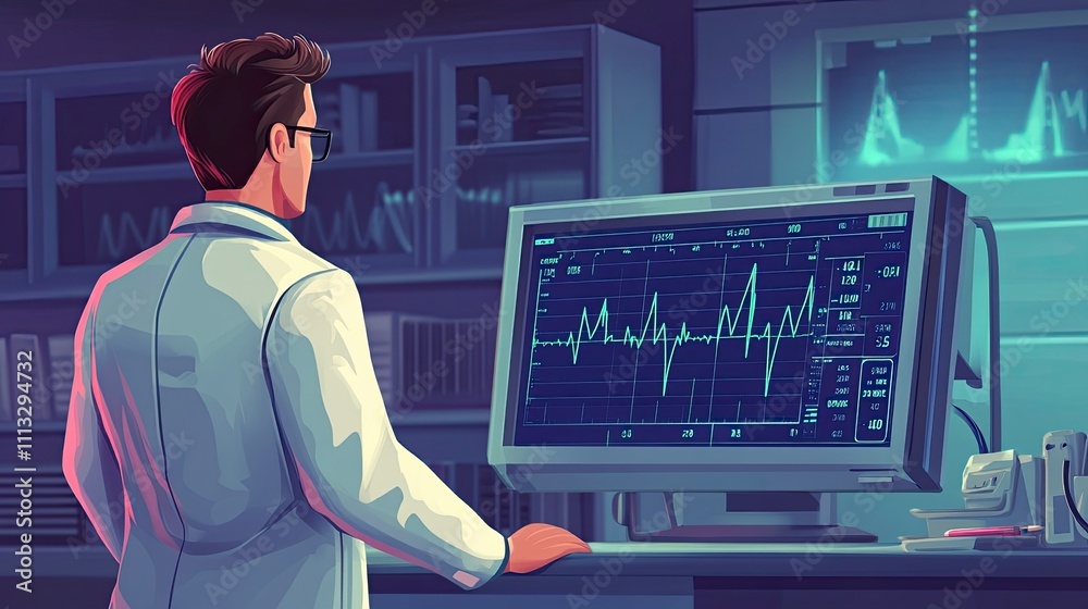 Illustration of a uniformed doctor standing next to a vital signs ...