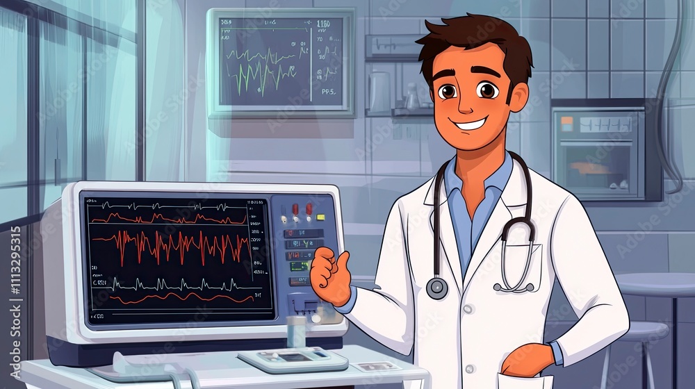 Illustration of a uniformed doctor standing next to a vital signs ...