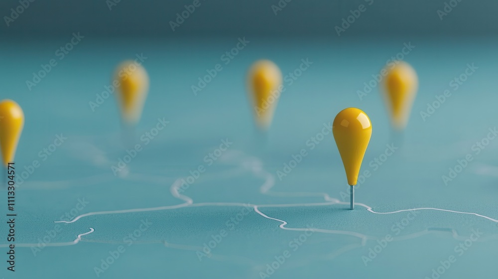 Interactive map with yellow pins indicating locations and routes Stock ...