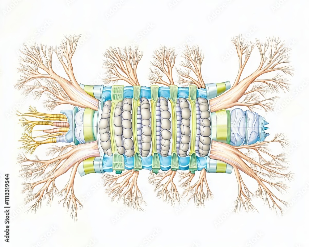 Cross-sectional medical illustration of the human spinal cord, showing ...