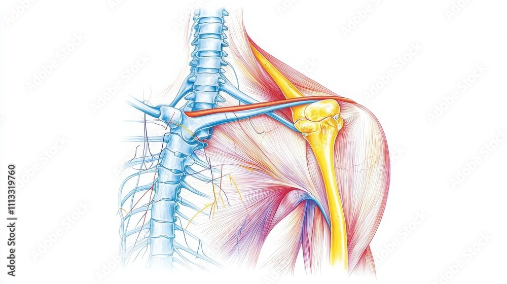 Detailed anatomical diagram of the human shoulder joint, showing the ...