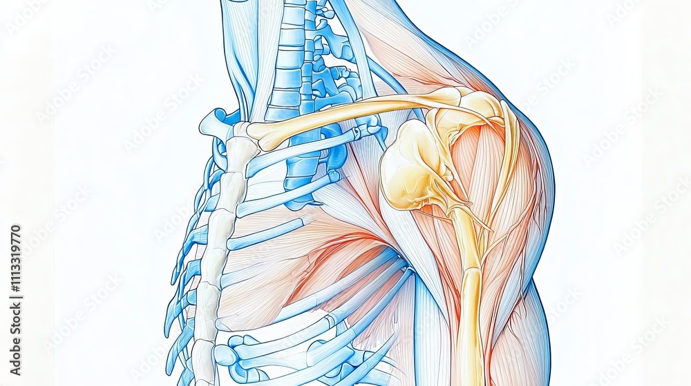 Detailed anatomical diagram of the human shoulder joint, showing the ...