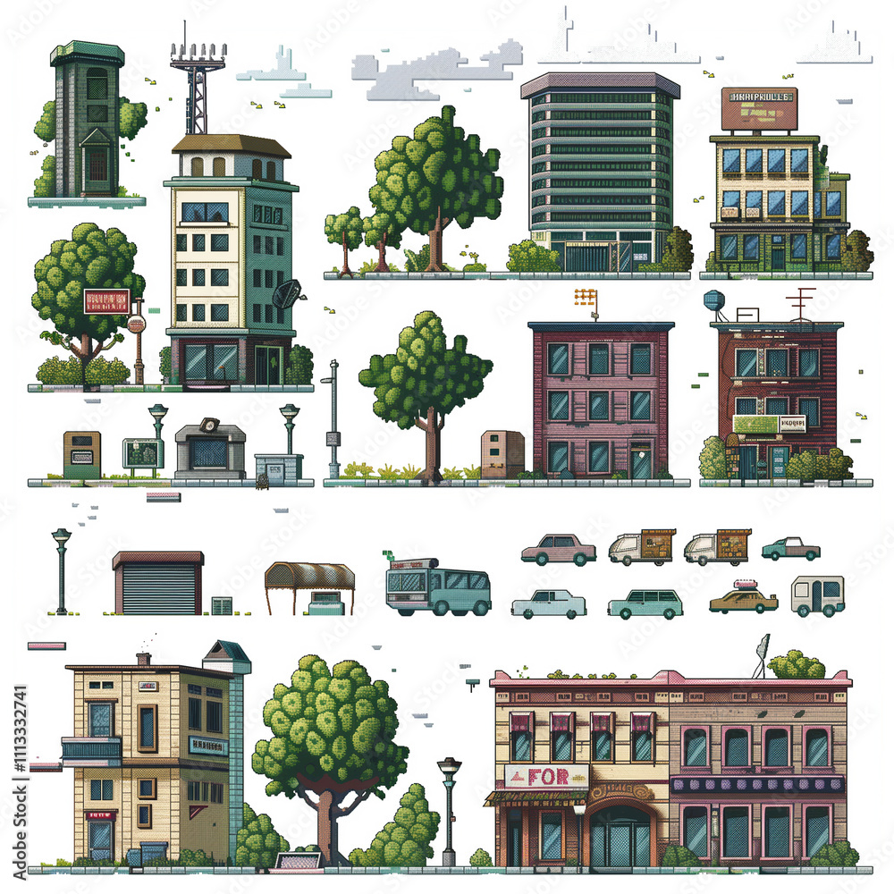 Isometric landscape blocks pixel art set. Map builder, square biome ...