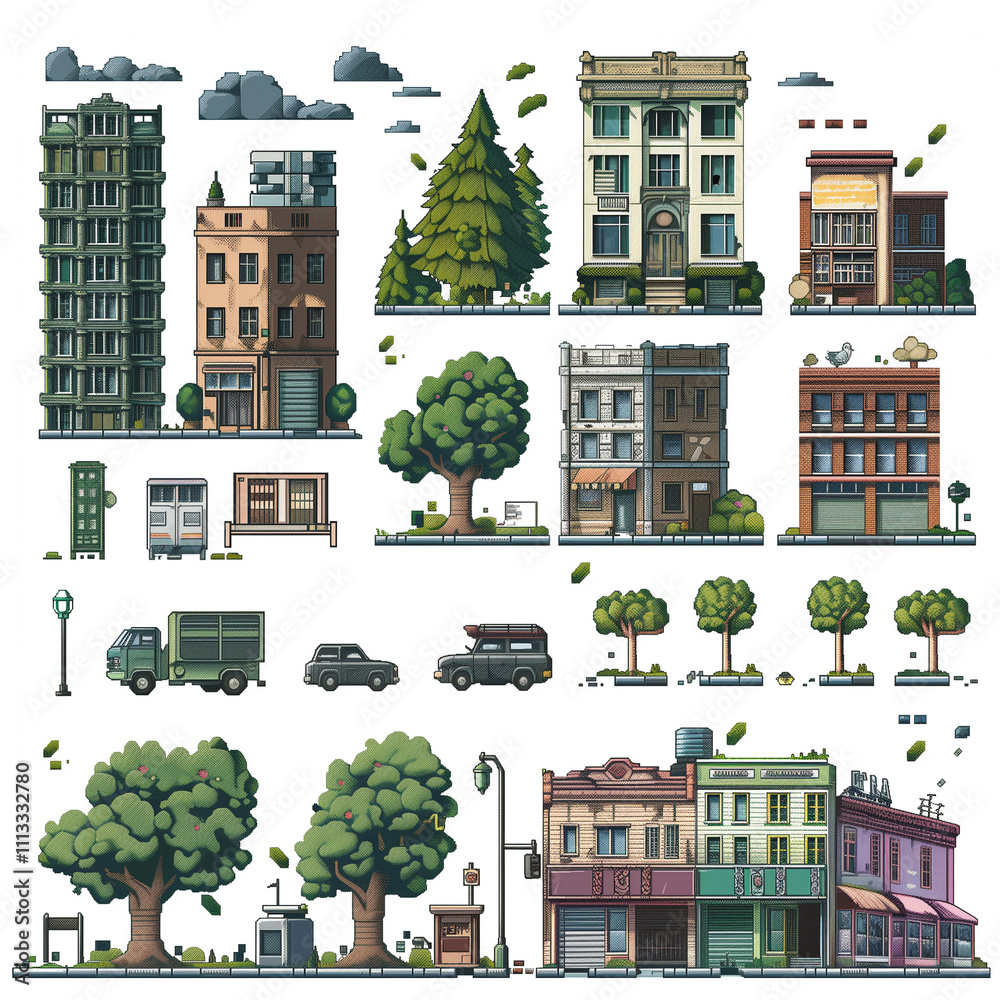Isometric landscape blocks pixel art set. Map builder, square biome ...