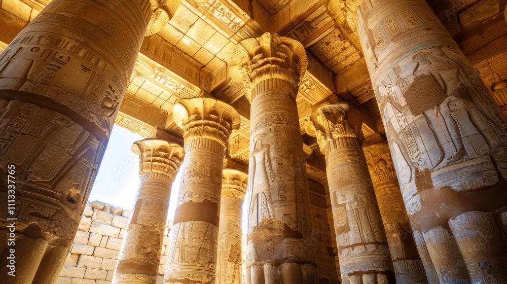 Ancient Egyptian temple interior with detailed columns and warm ...