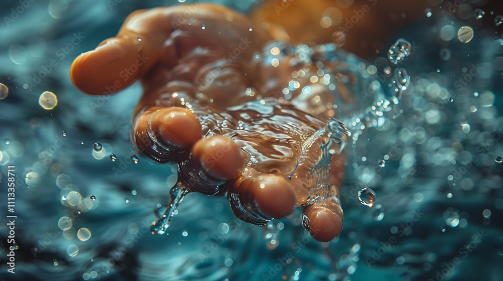 Swimmer's Hands Breaking the Water Surface with Shimmering Light and ...