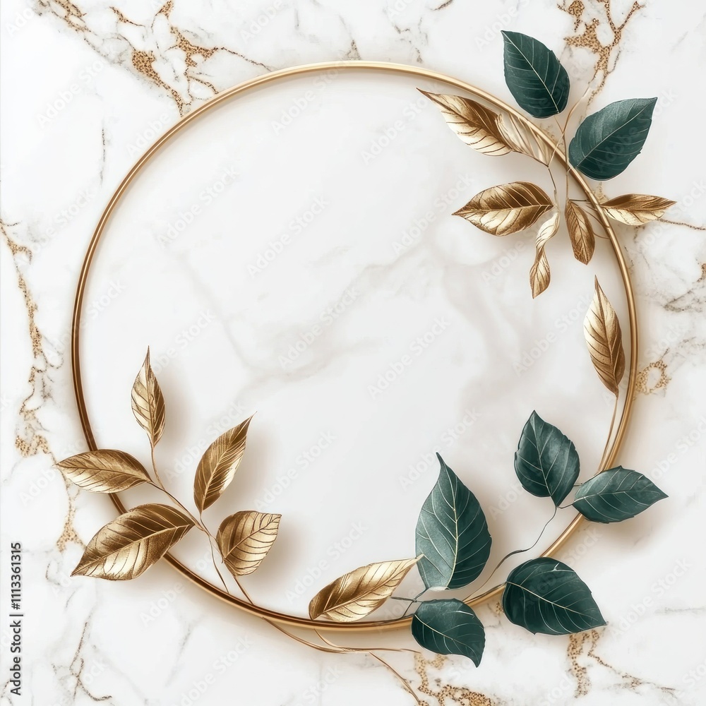 Elegant gold circle frame with green and gold leaves on marble ...
