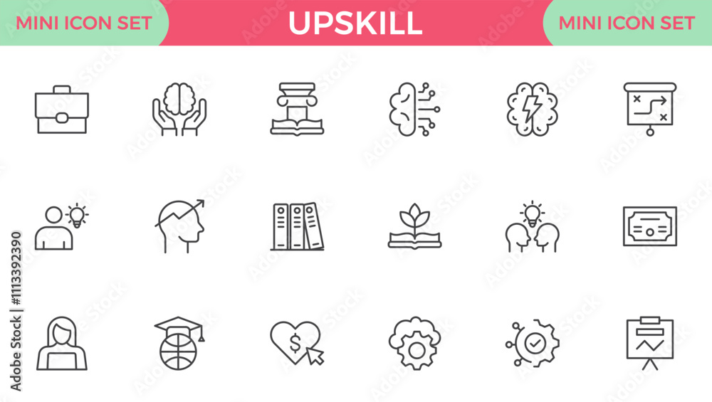 Set of Outline icons related to upskill, upskilling, personal growth ...