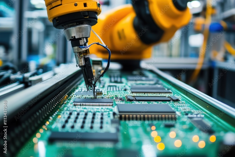 Industrial robotic arm assembling circuit boards in a high-tech facility close-up view advanced ...