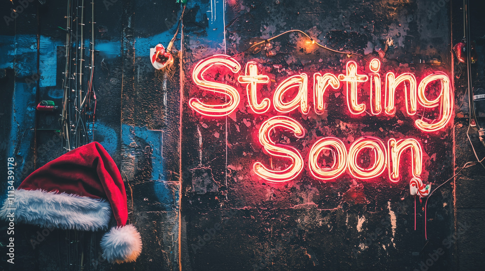 Neon Starting Soon Sign with Santa Hat on Wall, Streaming Screen Scene ...