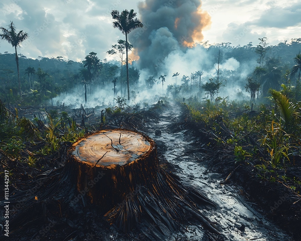 Foto de Stock Devastating Deforestation Smoke Billows Over Ravaged ...