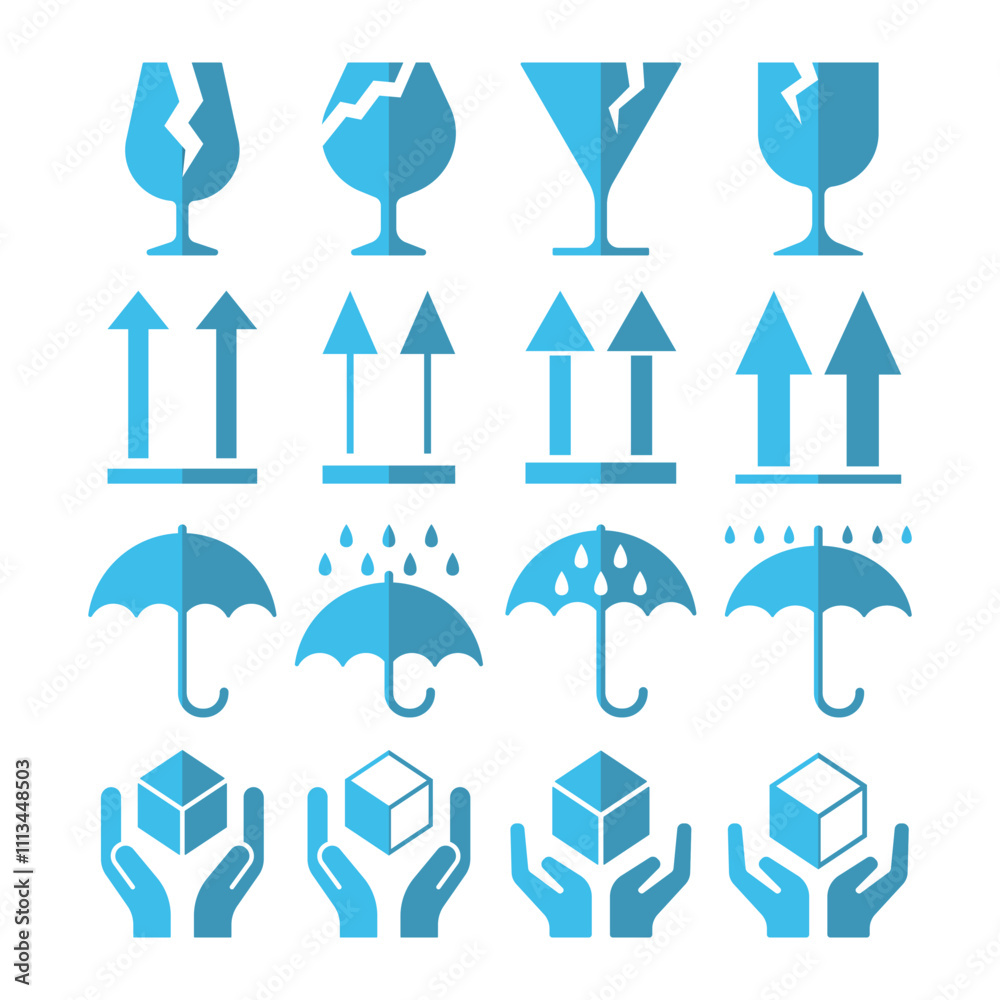 Packaging symbols icon set fragile handle with care keep dry this side up use for handling ...
