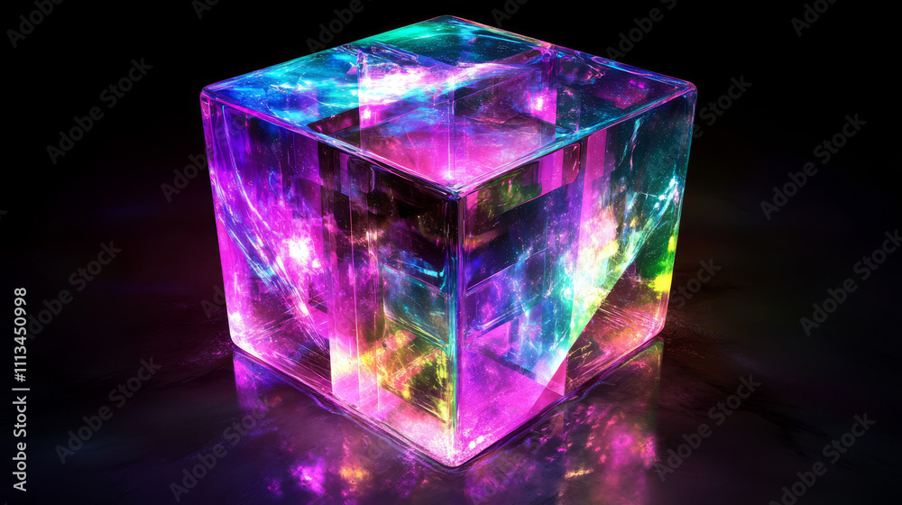 3d holographic prism cube with abstract light. Isometric square cuboid ...