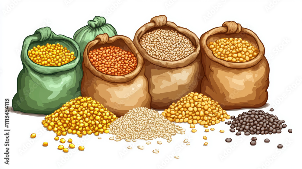 Corn, millet, buckwheat, rice grains and beans in sacks. Vector cartoon ...
