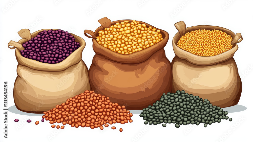 Corn, millet, buckwheat, rice grains and beans in sacks. Vector cartoon ...