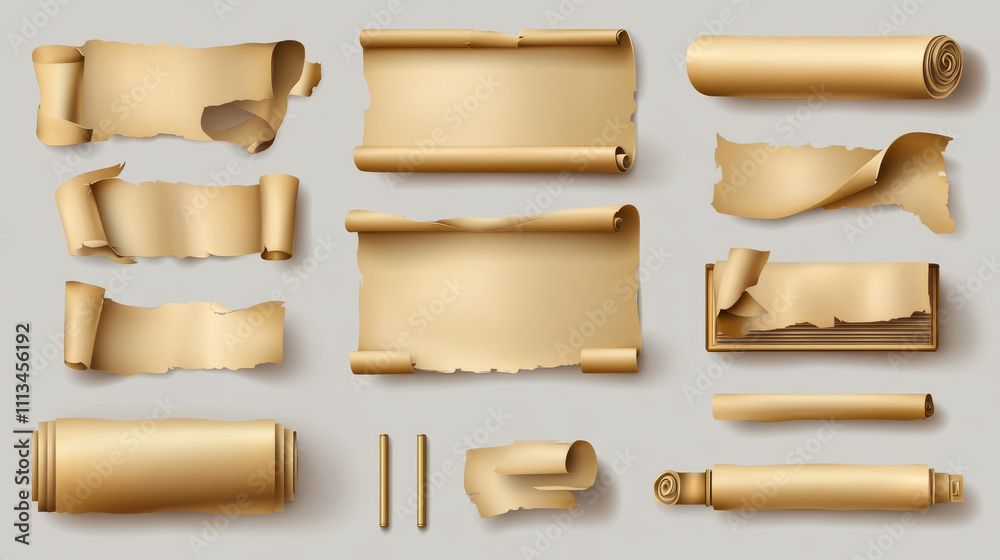 Gold scroll paper set, banner vector illustration isolated on transparent background. Royal ...