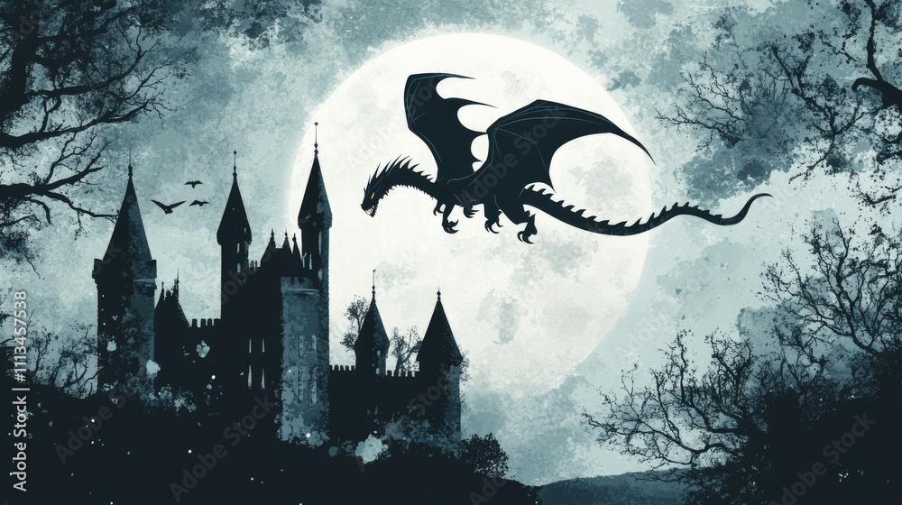 Spooky fantasy dragon flying near castle at night. Cartoon vector ...