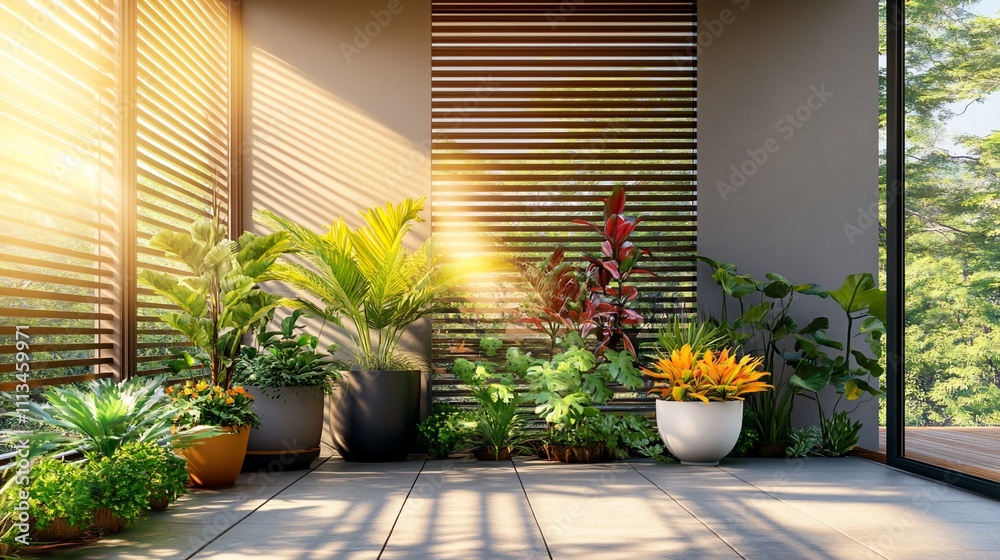 Sunlit indoor patio with various plants in pots. Sunlight streams ...