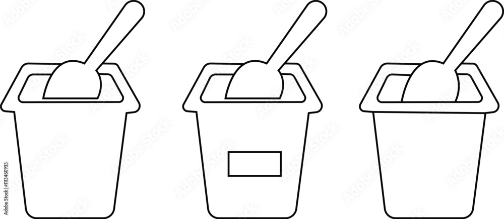 yogurt container with spoon icon set, Black simple vector of open ...