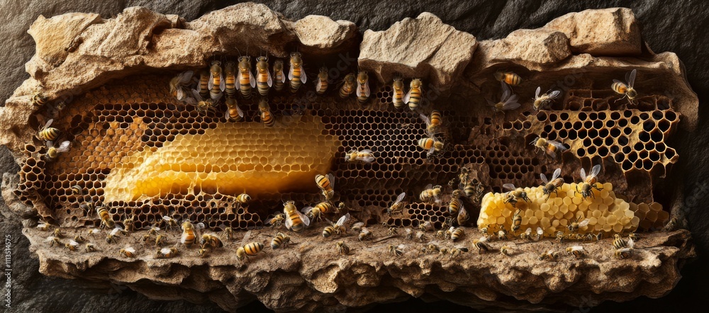 Close-Up View of a Bee Colony Inside a Natural Honeycomb Nest, Showing ...