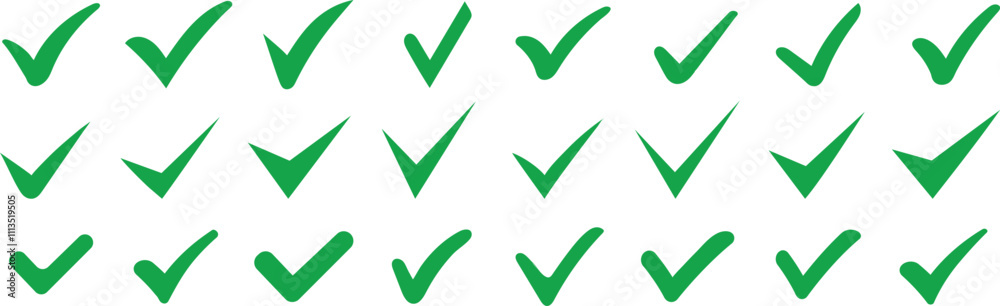 Green check mark icon set, hand-drawn checkmark illustration, approval check icon isolated on ...