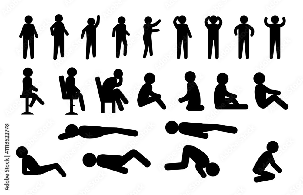 stick figure stickman people person pose posture squat sit lay bend ...