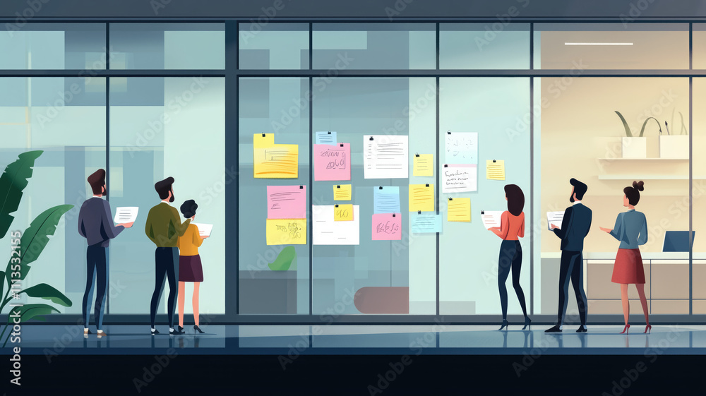 Office, teamwork and business people with sticky notes for ...