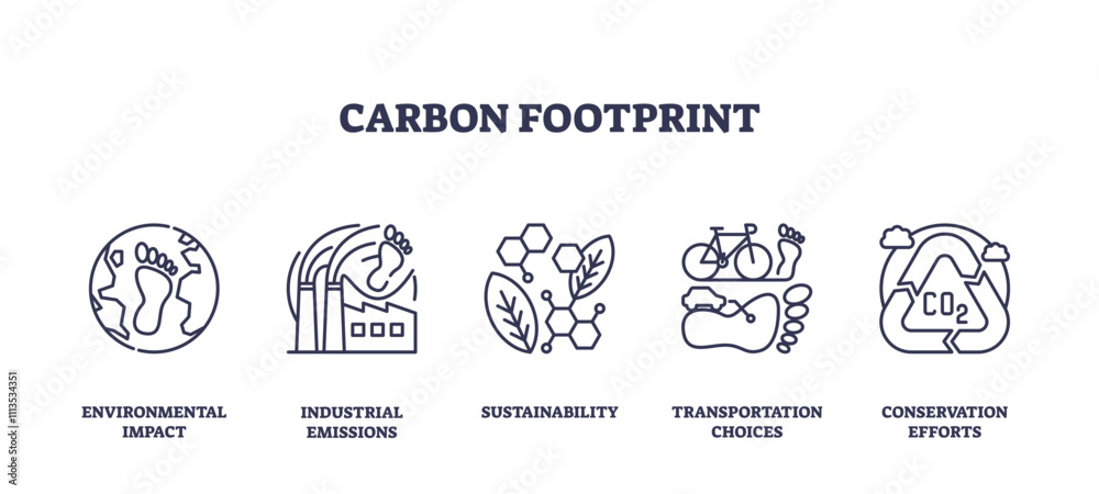 Carbon footprint icons highlight environmental impact, industrial ...