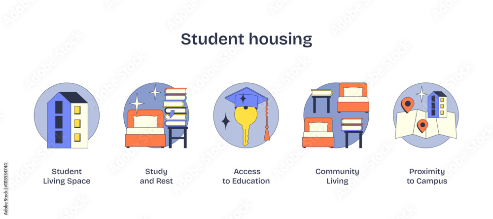 Student housing icons depict key elements like buildings, books, and ...