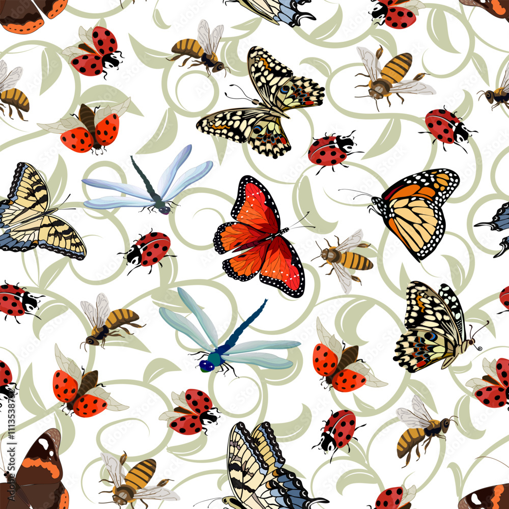 Multicolored insects on a deciduous background.Butterflies, bees ...