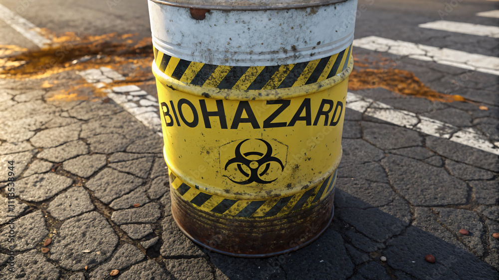 yellow biohazard barrel on cracked road, indicating pollution and ...