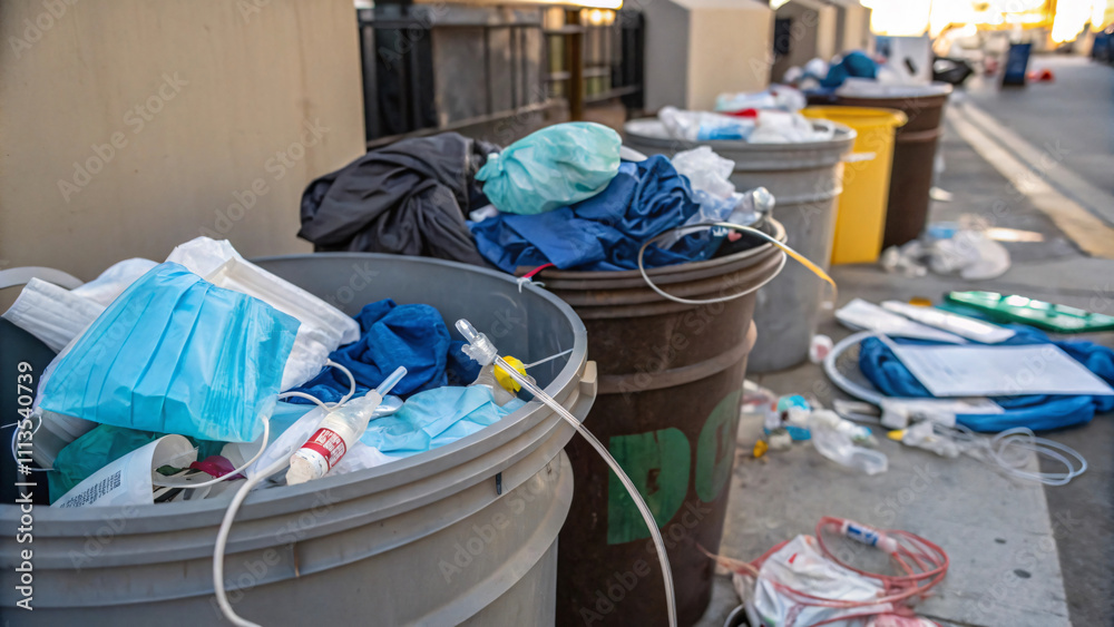 scene depicting overflowing trash bins filled with medical waste ...