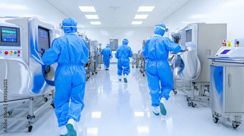 Production Line: Workers in cleanroom suits move with purpose and ...