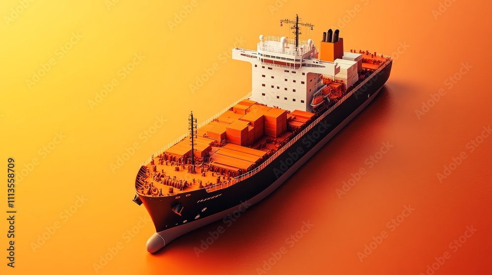 Low-poly cargo ship on orange background. 3D model of a large cargo ...