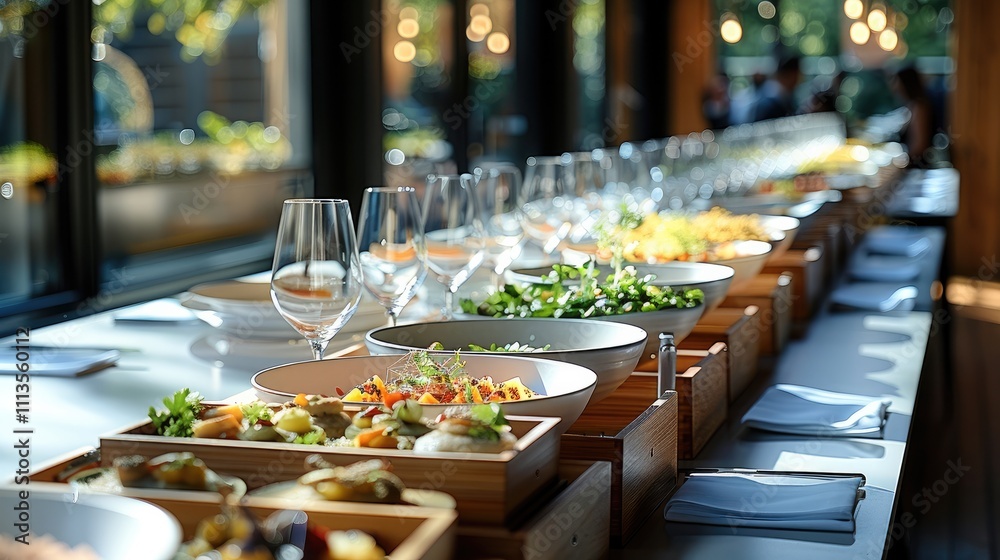 A long serving table for a large number of people, there are boxes with ...