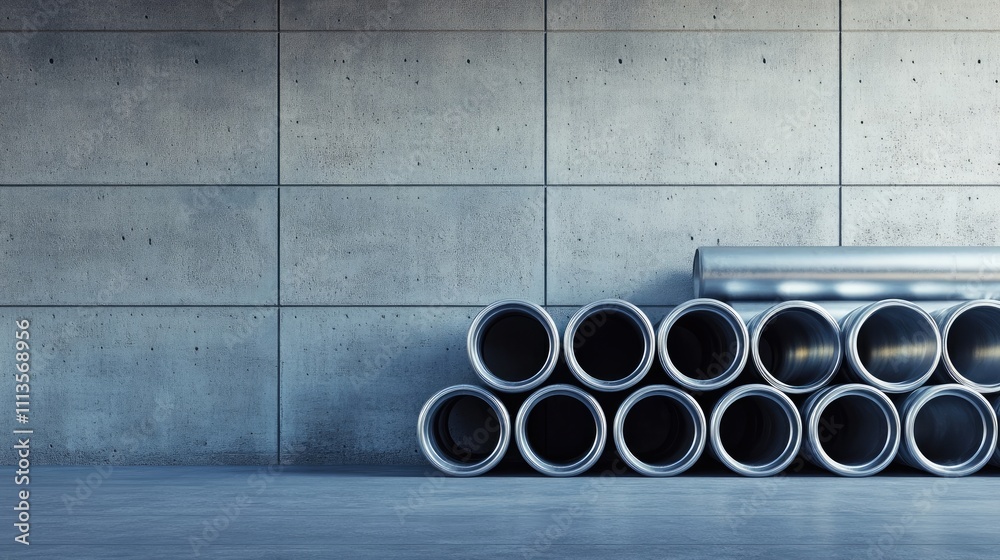 Stack of metallic industrial pipes against concrete walls, creating a ...