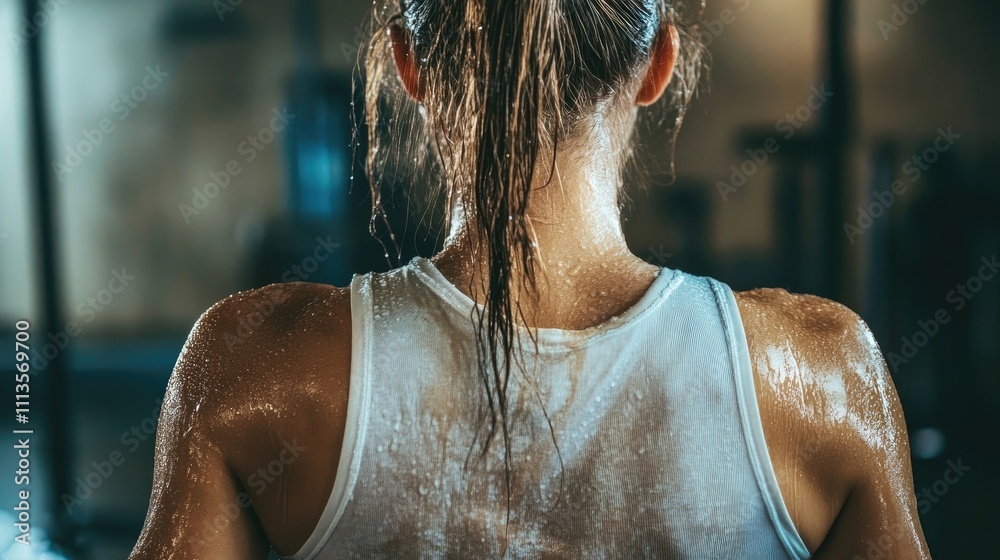 Woman displaying a sweaty back after completing a workout; with a wet t ...