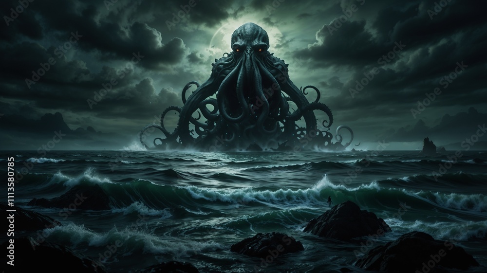 Dark fantasy scene showing Cthulhu the giant sea monster coming out of ...