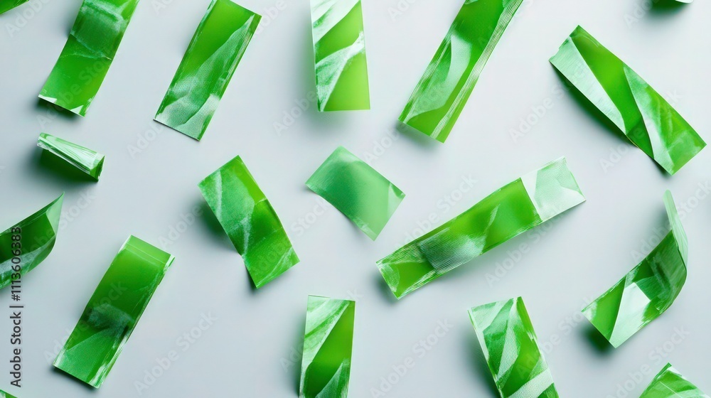 A collection of green adhesive paper tape strips with smooth and jagged ...