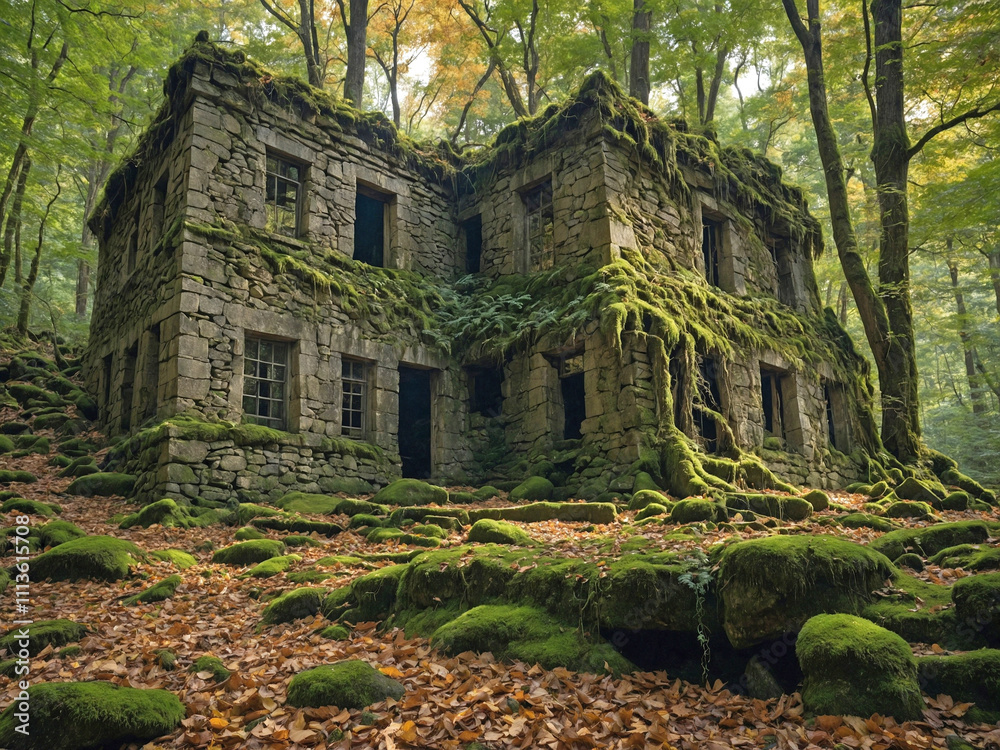 A crumbling stone house hidden deep in a dense forest. The structure is ...