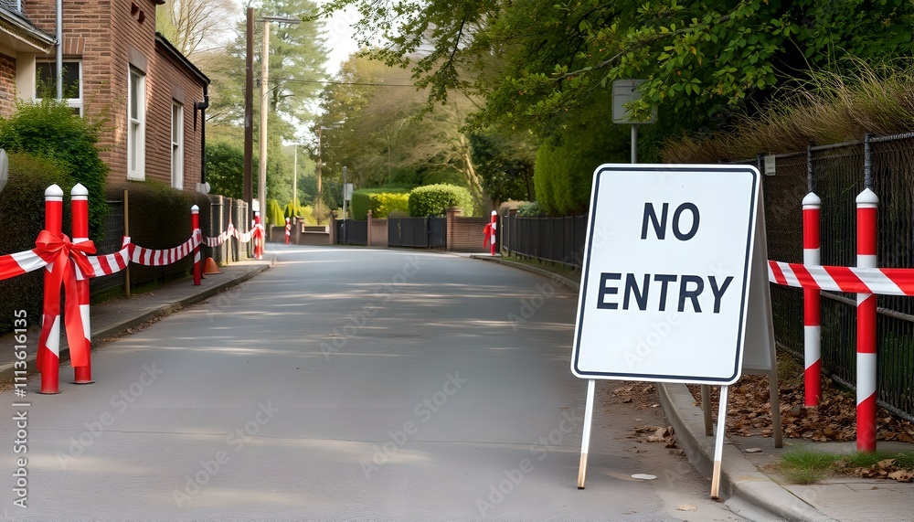 No Entry Road Closed Warning Sign with Red and White Barricade Tape ...